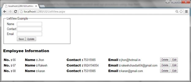 CRUD Operations Using ASP.Net ListView